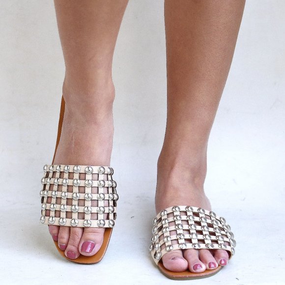 Shoes | New Beige Studded Slip On Open Toe Sandals Slides | Poshmark